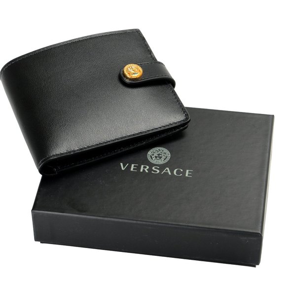 Versace | Bags | Versace Mens Black 0 Leather Gold Medusa Bifold Wallet ...